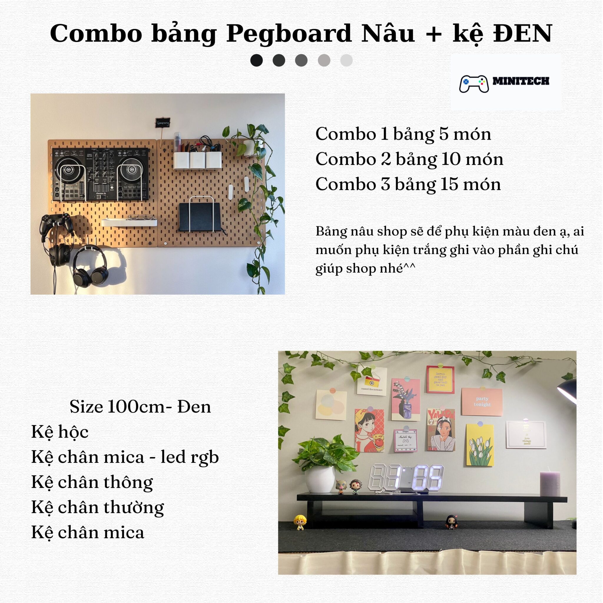 Combo SETUP bảng Pegboard Nâu + Kệ màn hình gỗ – màu đen - Minitech- yêu setup