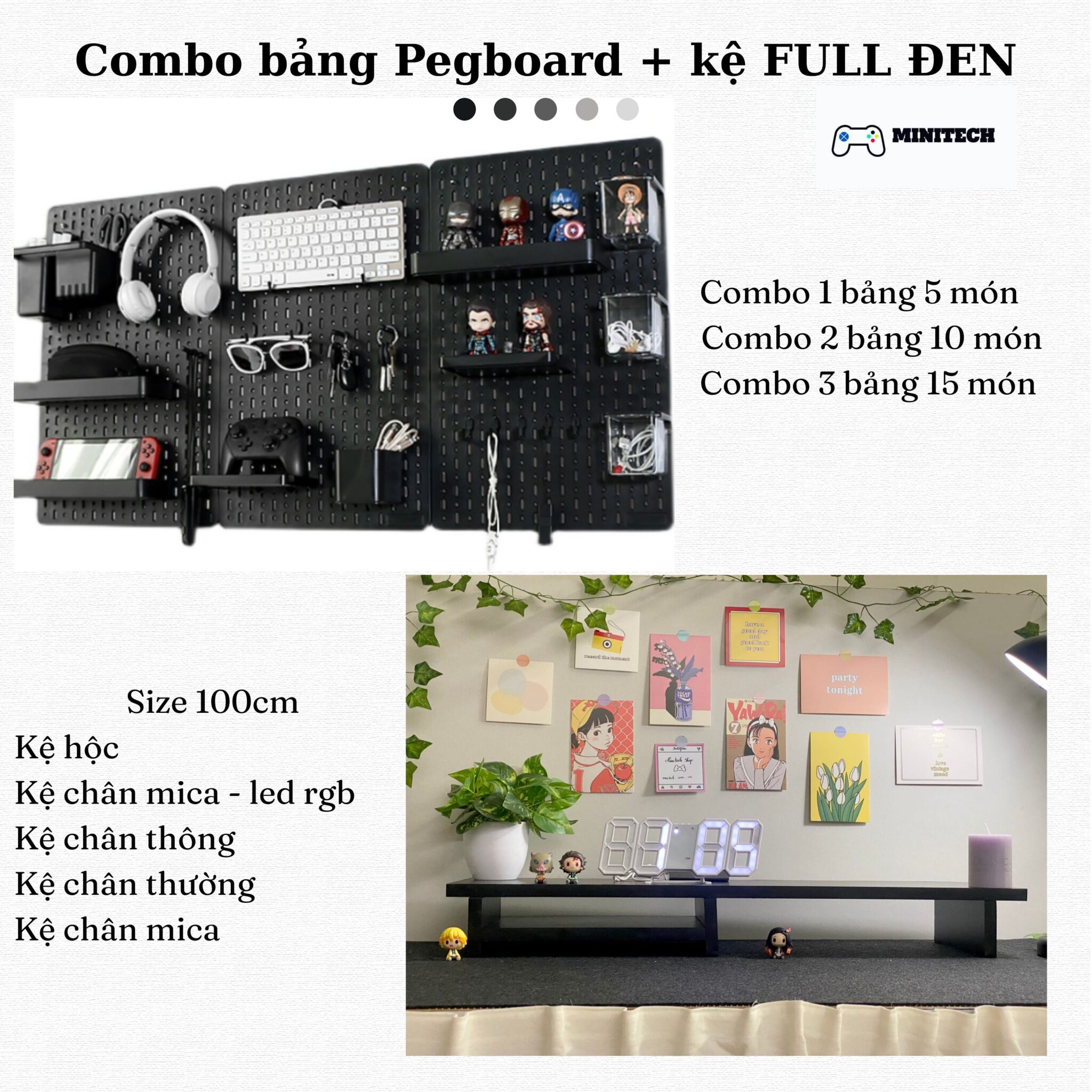 Combo SETUP bảng Pegboard Đen + Kệ màn hình gỗ – màu Đen - Minitech- yêu setup